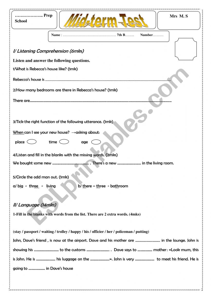 Mid term test N°2 7th form - ESL worksheet by imene89