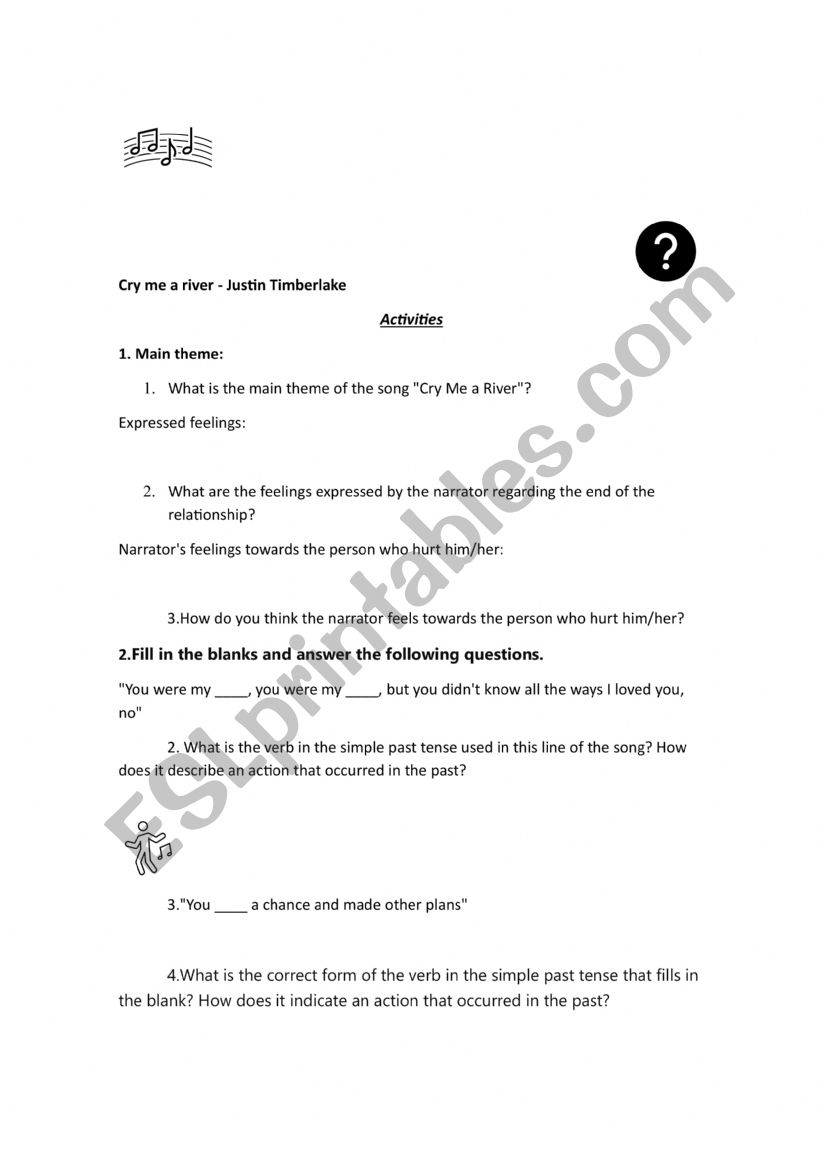 Worksheet Cry me a River by Justin Tiberlake - ESL worksheet by Silva24