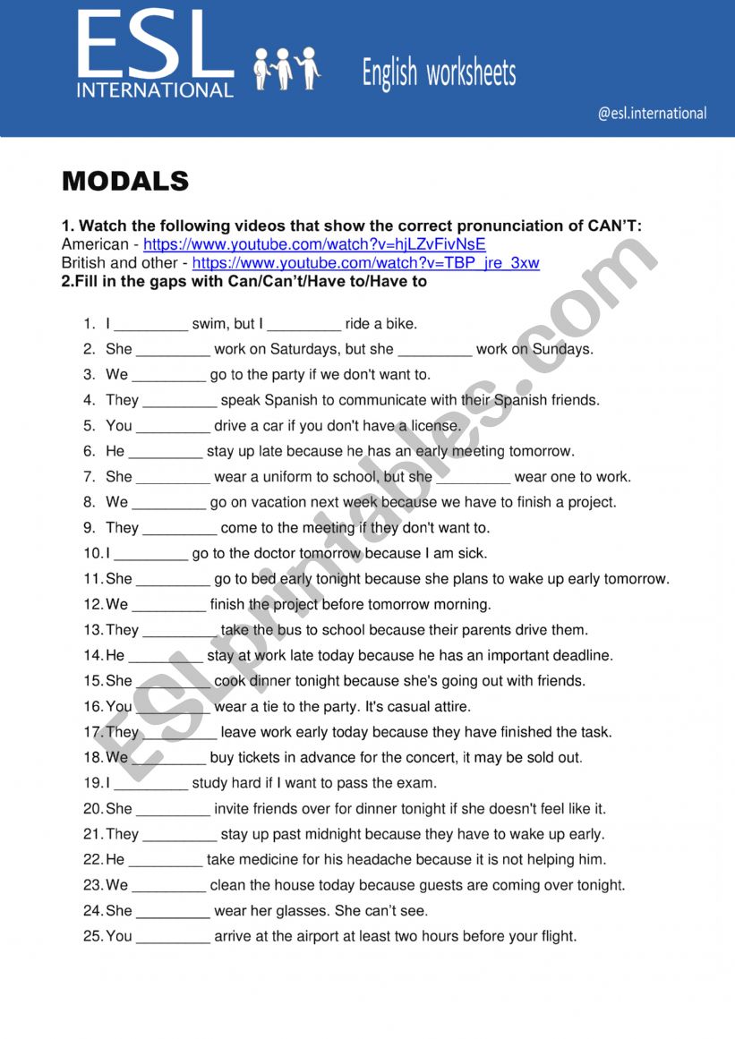 MODALS - Can, Canï¿½t, Have to, Donï¿½t Have to - ESL worksheet by esl ...