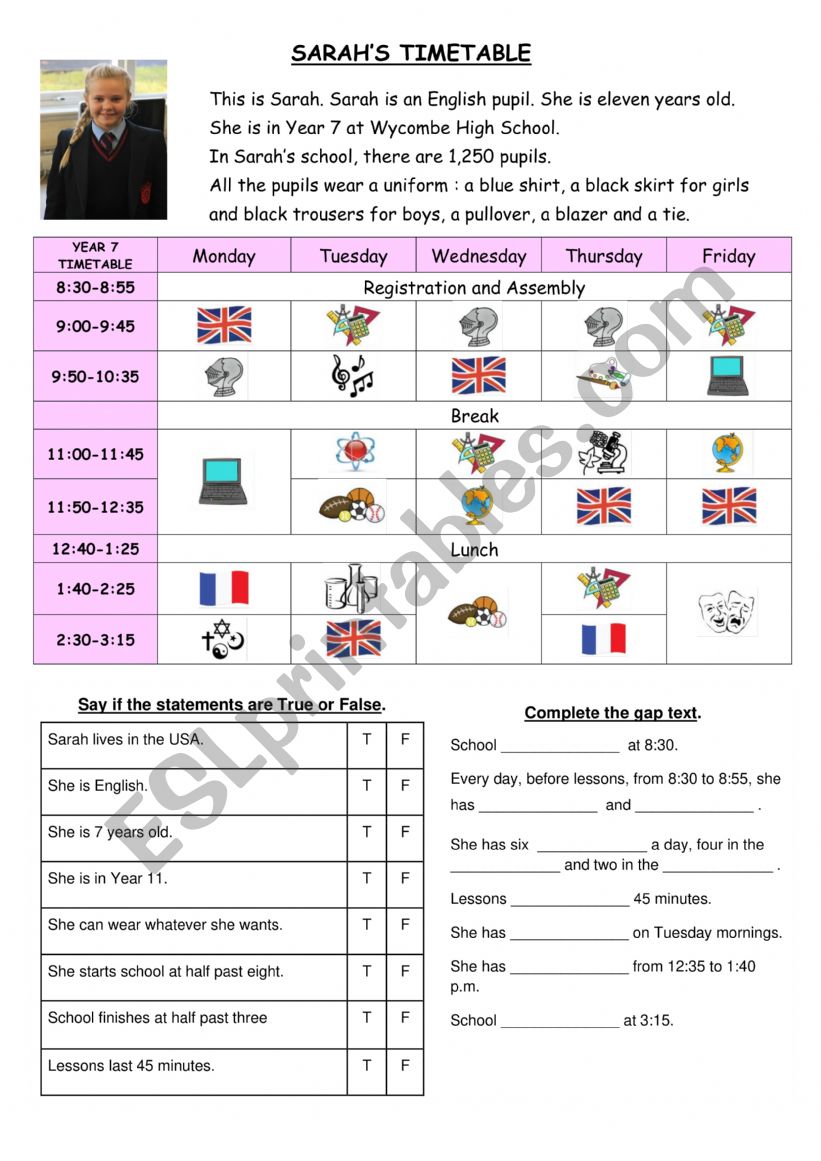 Sarah´s timetable - ESL worksheet by Valpicasso
