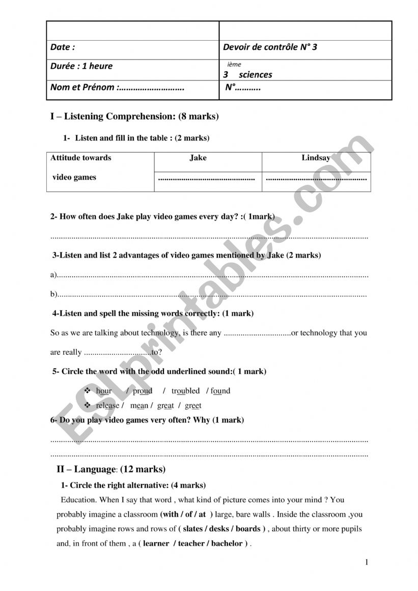 Mid-Term-Test n°3 third form - ESL worksheet by chahdchahd