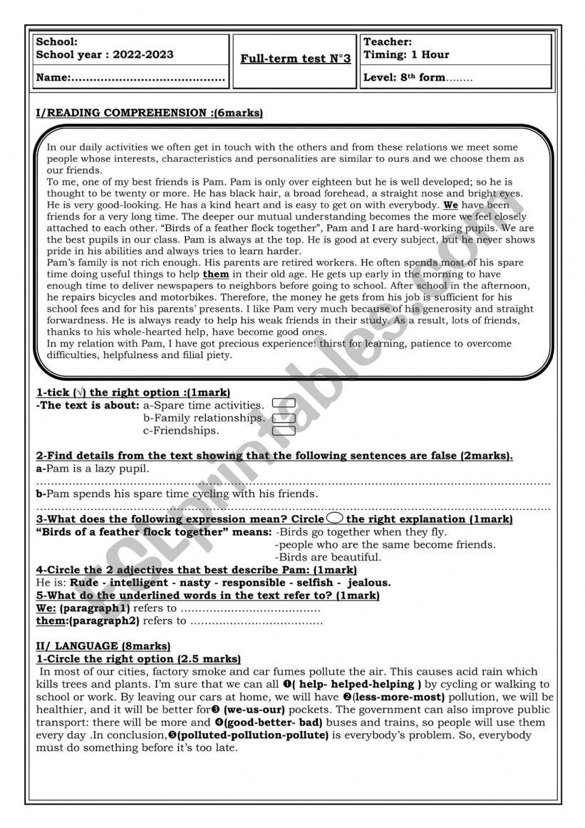 Full term test N°3 8TH FORM - ESL worksheet by adamahmed
