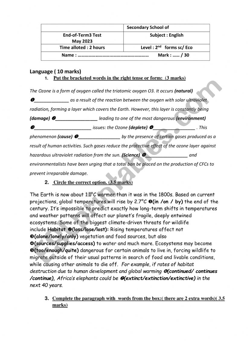 2nd Form End of Term Test 3 (Part 2° - ESL worksheet by chahdchahd