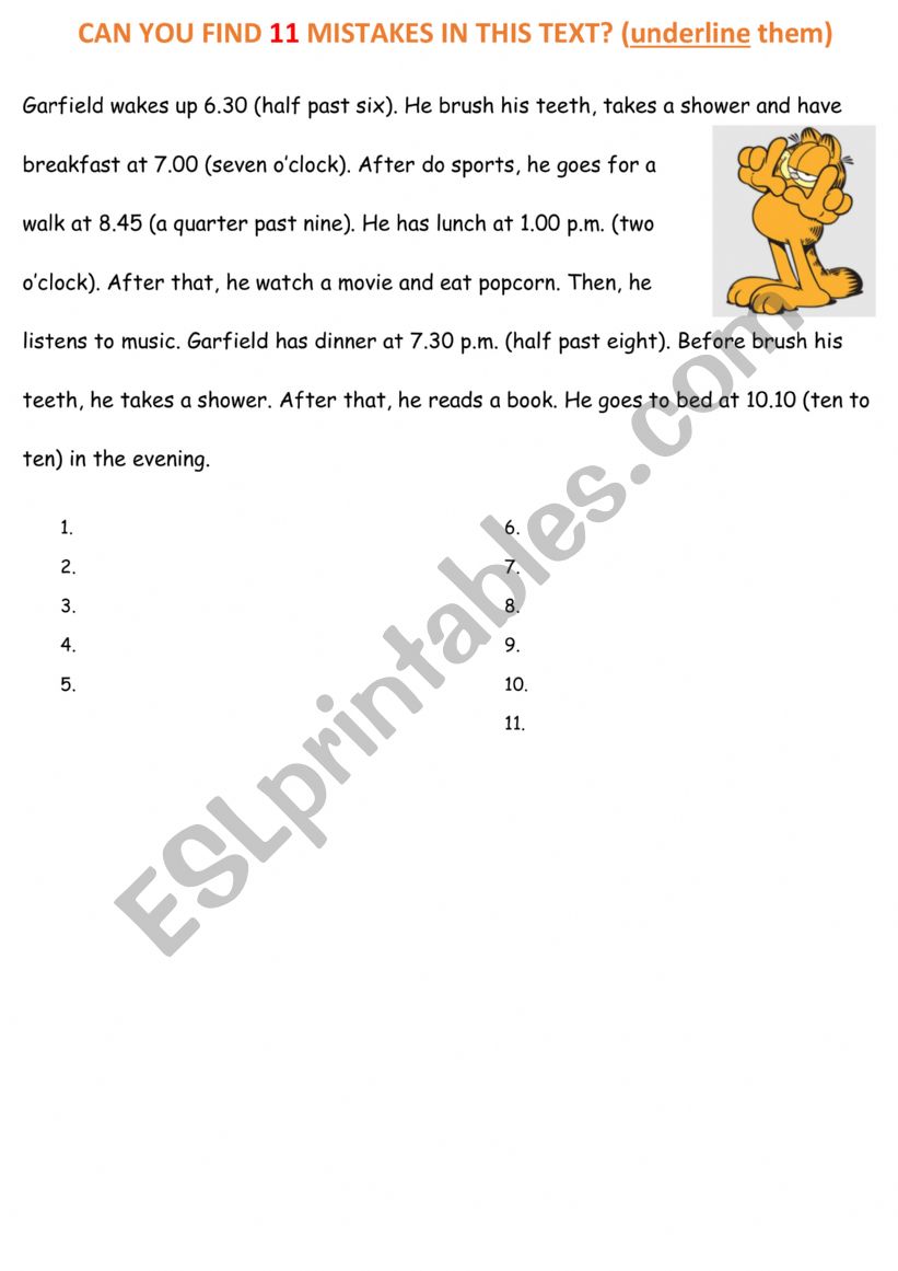 Garfield´s daily routine - ESL worksheet by emishchenko