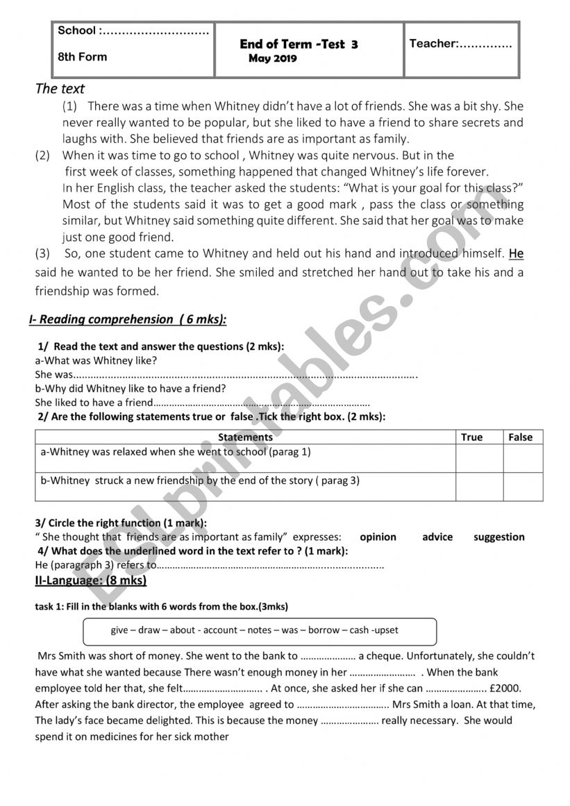 end term test 3 - ESL worksheet by ajnour end term test 3 - ESL worksheet by ajnour
