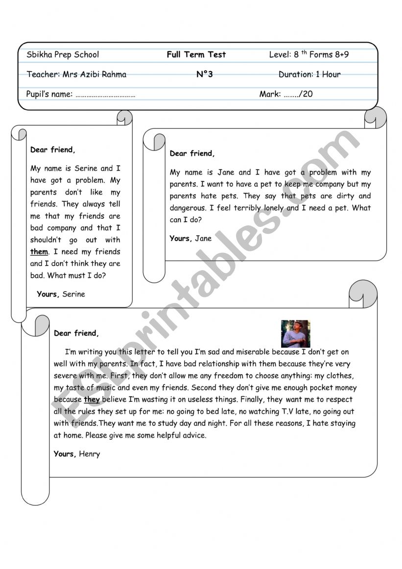 8th formers end -term test n°3 - ESL worksheet by Flora yass 8th formers end -term test n°3 - ESL worksheet by Flora yass
