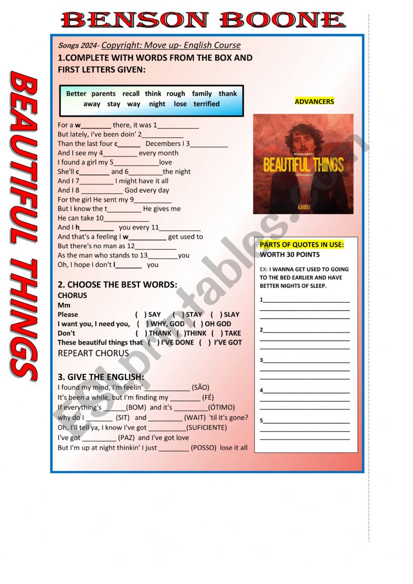 English worksheets: Beautiful Things - Benson Boone -Editable