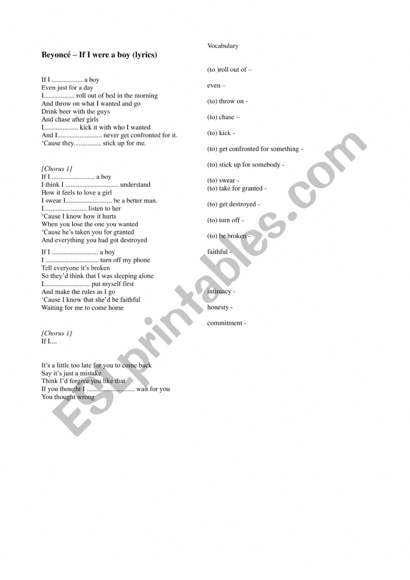 Beyonce, If I were a boy, 2 conditional - ESL worksheet by Bea252