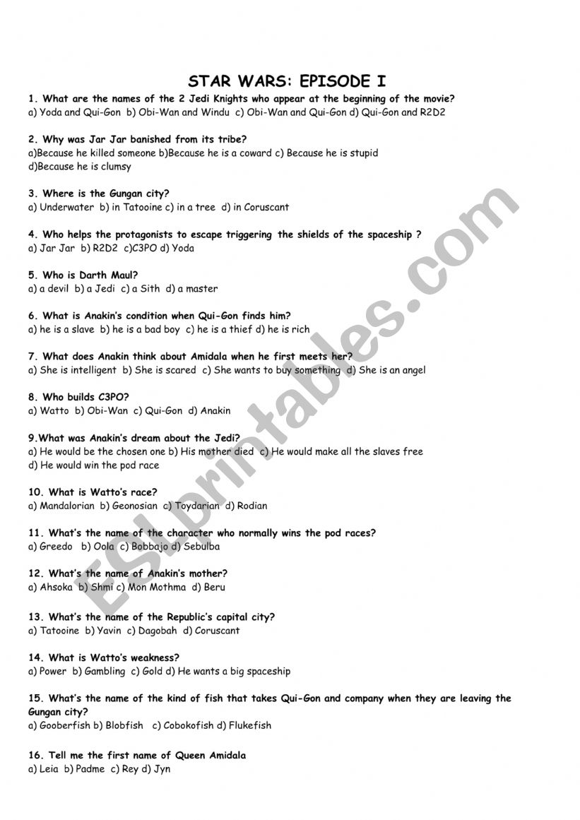 Star Wars Episode 1 Test - ESL worksheet by eddieblake