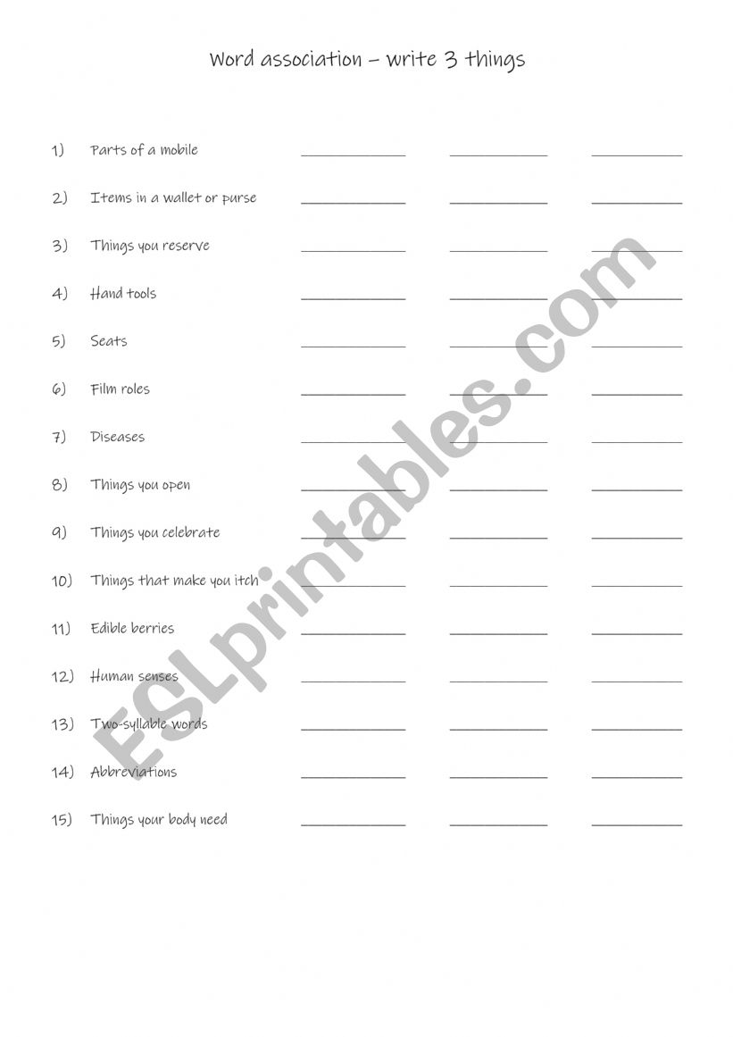 English worksheets: Word association – write 3 things