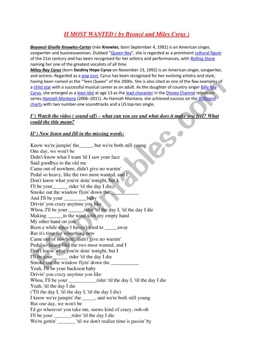 Song by BayoncÃ© et Meyles: II Most wanted - ESL worksheet by bretagne