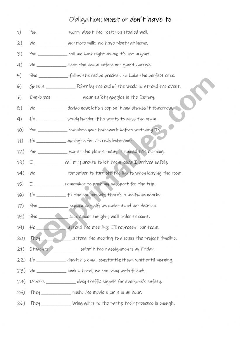 Obligation: must or don’t have to - ESL worksheet by Anthoni