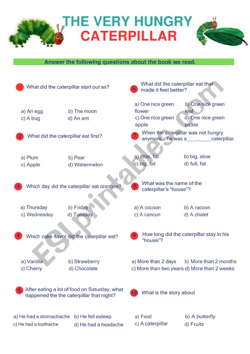 The hungry caterpillar mcq - ESL worksheet by Jangwon