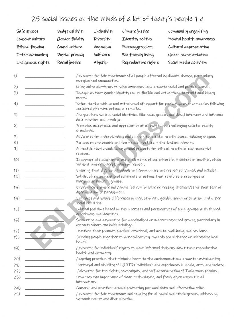 25 social issues on the minds of a lot of today’s people 1 a - ESL ...