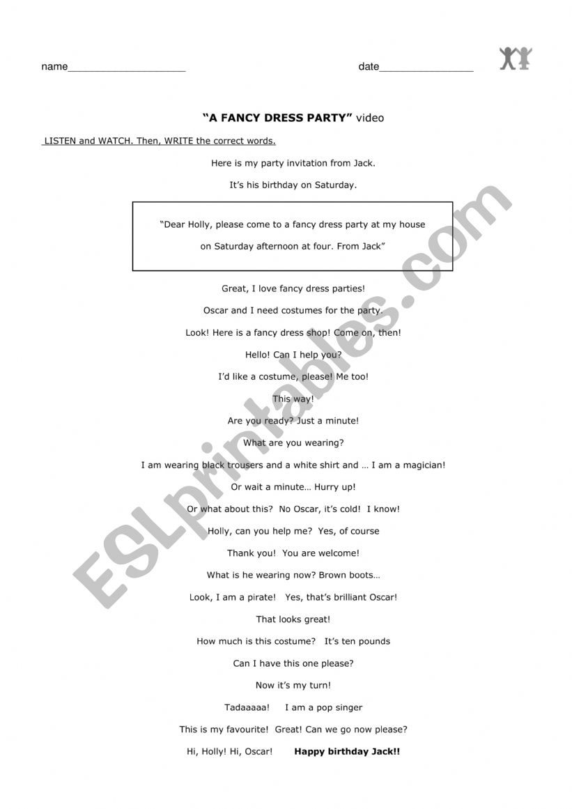 “A FANCY DRESS PARTY” video - ESL worksheet by mscoma