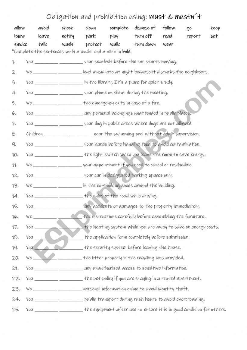 A2-B1 Obligation and prohibition using must & mustnÂ´t - ESL worksheet ...