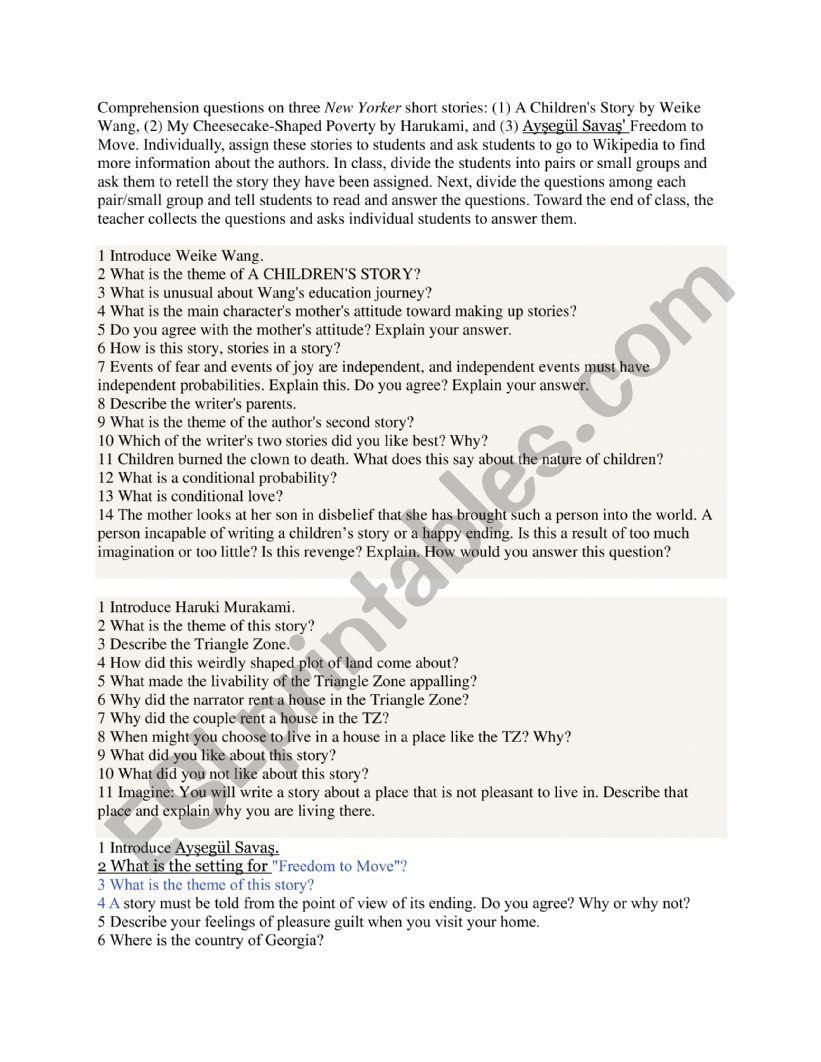 Comprehension questions on three New Yorker short stories: (1) A ...