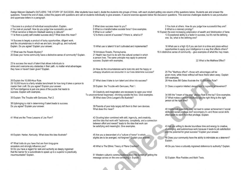 Malcom GladwellÃ¯Â¿Â½s OUTLIERS: THE STORY OF SUCCESS - ESL worksheet ...