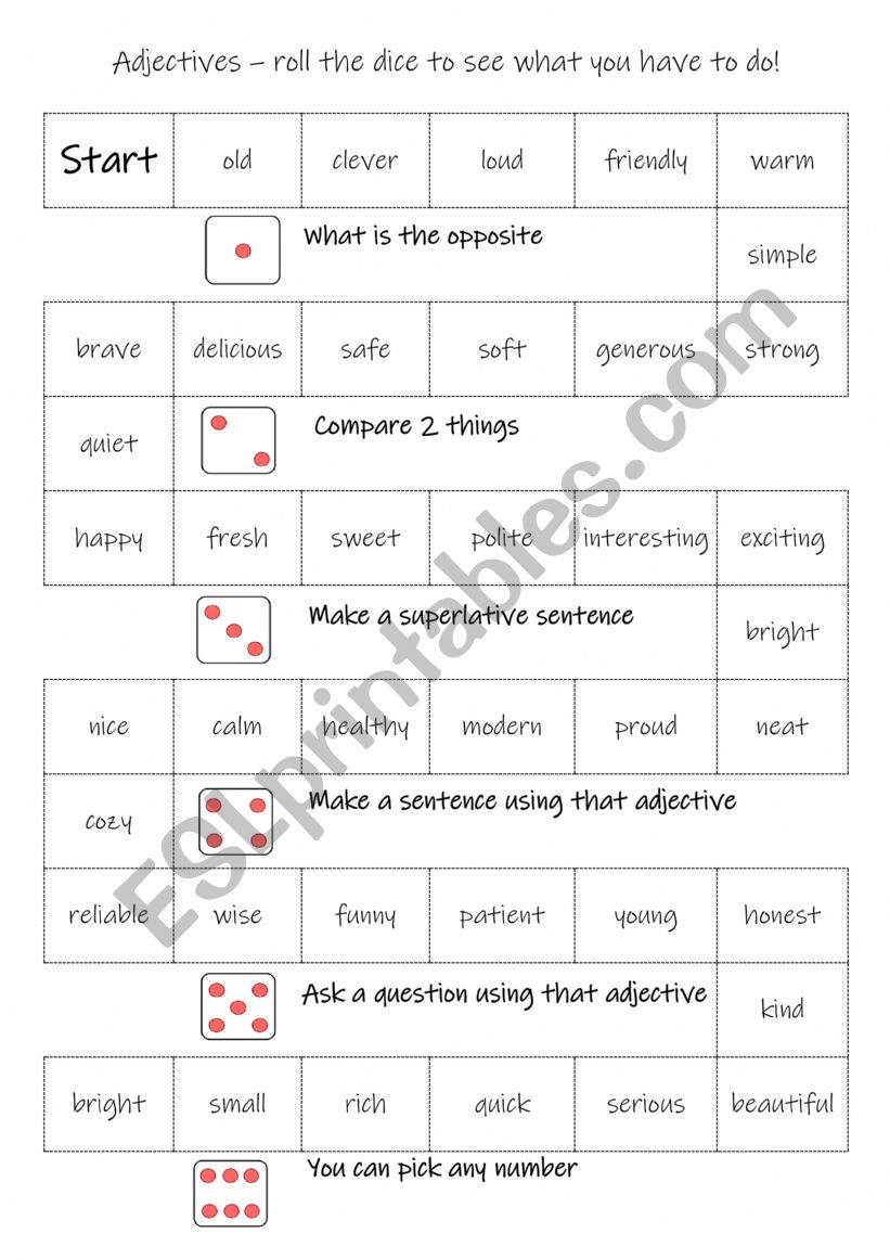A2-B1 Adjectives – roll the dice to see what you have to do! - ESL ...