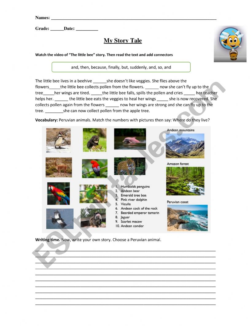Present simple - Story The little bee - Animals - ESL worksheet by ...
