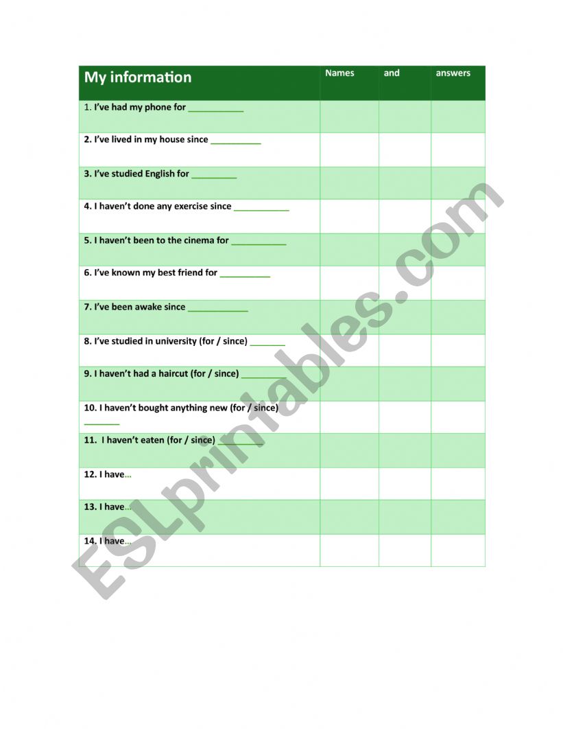 Present Perfect - For and Since - ESL worksheet by TshirtJolie