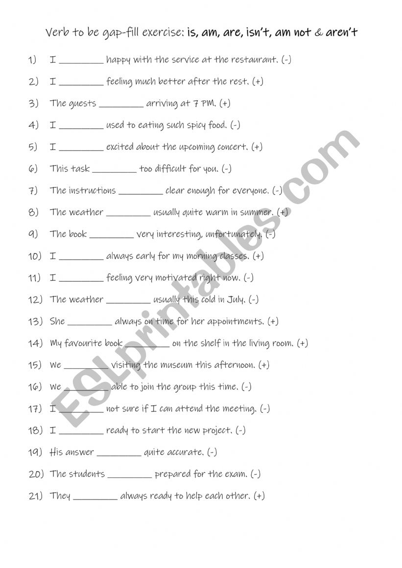 A2 Verb to be gap-fill exercise is, am, are, isnâ€™t, am not & arenâ€™t ...