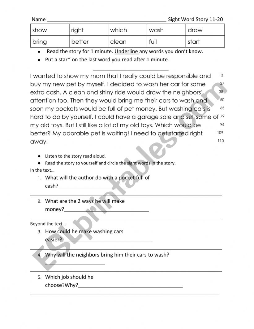 Sight Word Story 2:Pet Money - ESL worksheet by evawagner@iusd.org