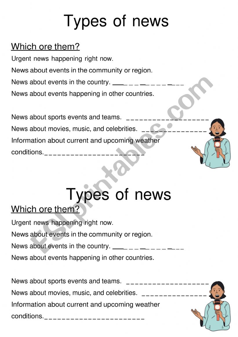 Types of news - ESL worksheet by lubepa