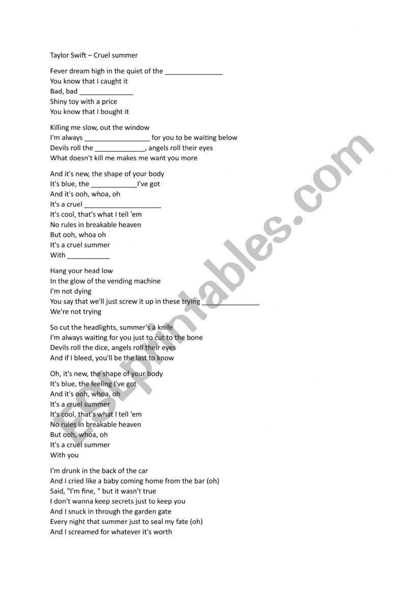 Cruel summer Taylor Swift Lückentext - ESL worksheet by boos.peter@gmx.de
