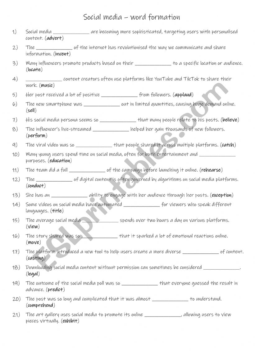 B1 Social media word formation - ESL worksheet by Anthoni
