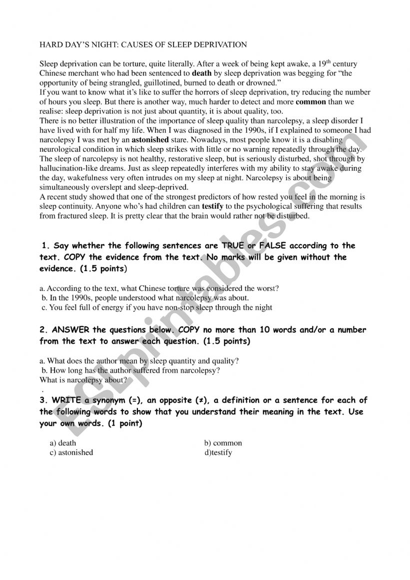 HARD DAY’S NIGHT: CAUSES OF SLEEP DEPRIVATION - ESL worksheet by calendulo