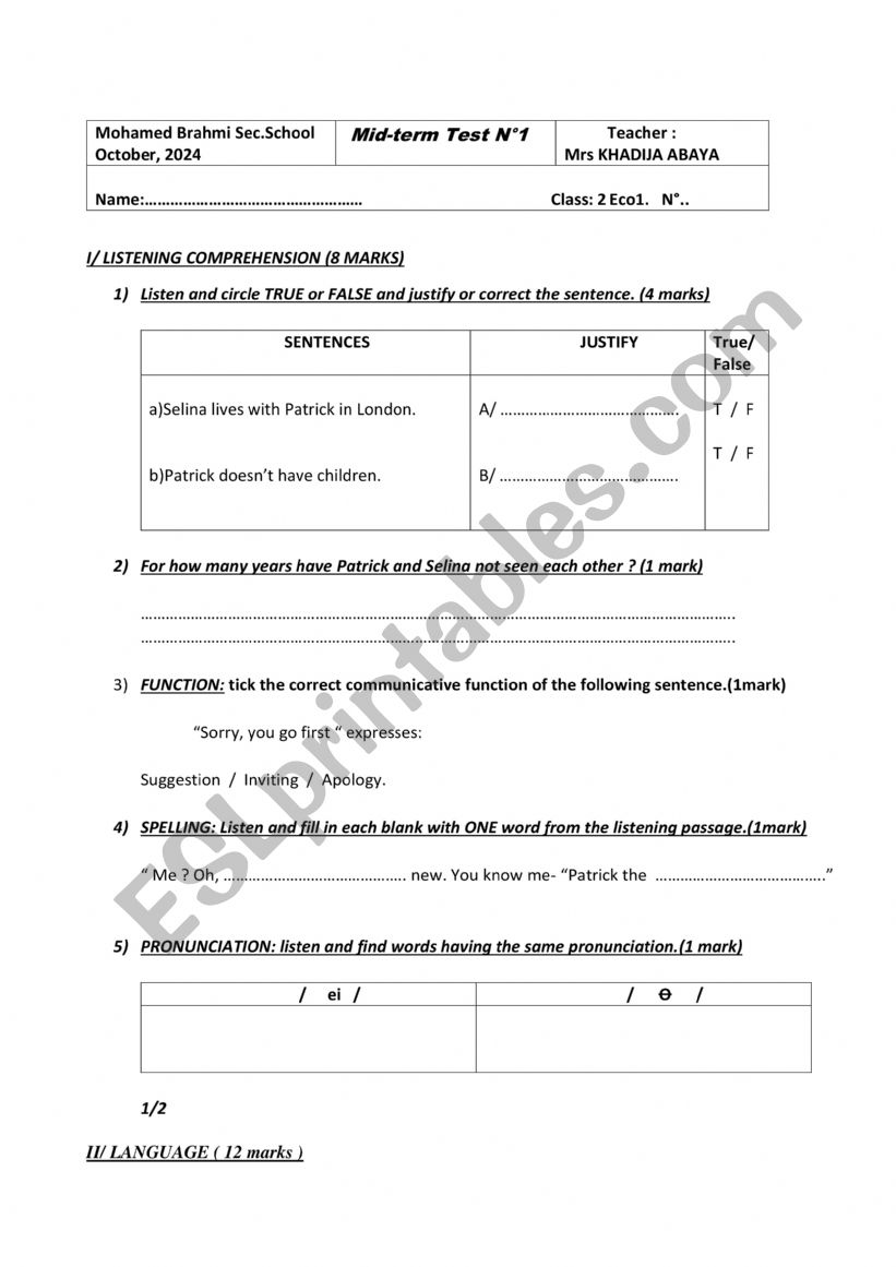 Mid-Term Test N°1 - ESL worksheet by Khadijaabaya