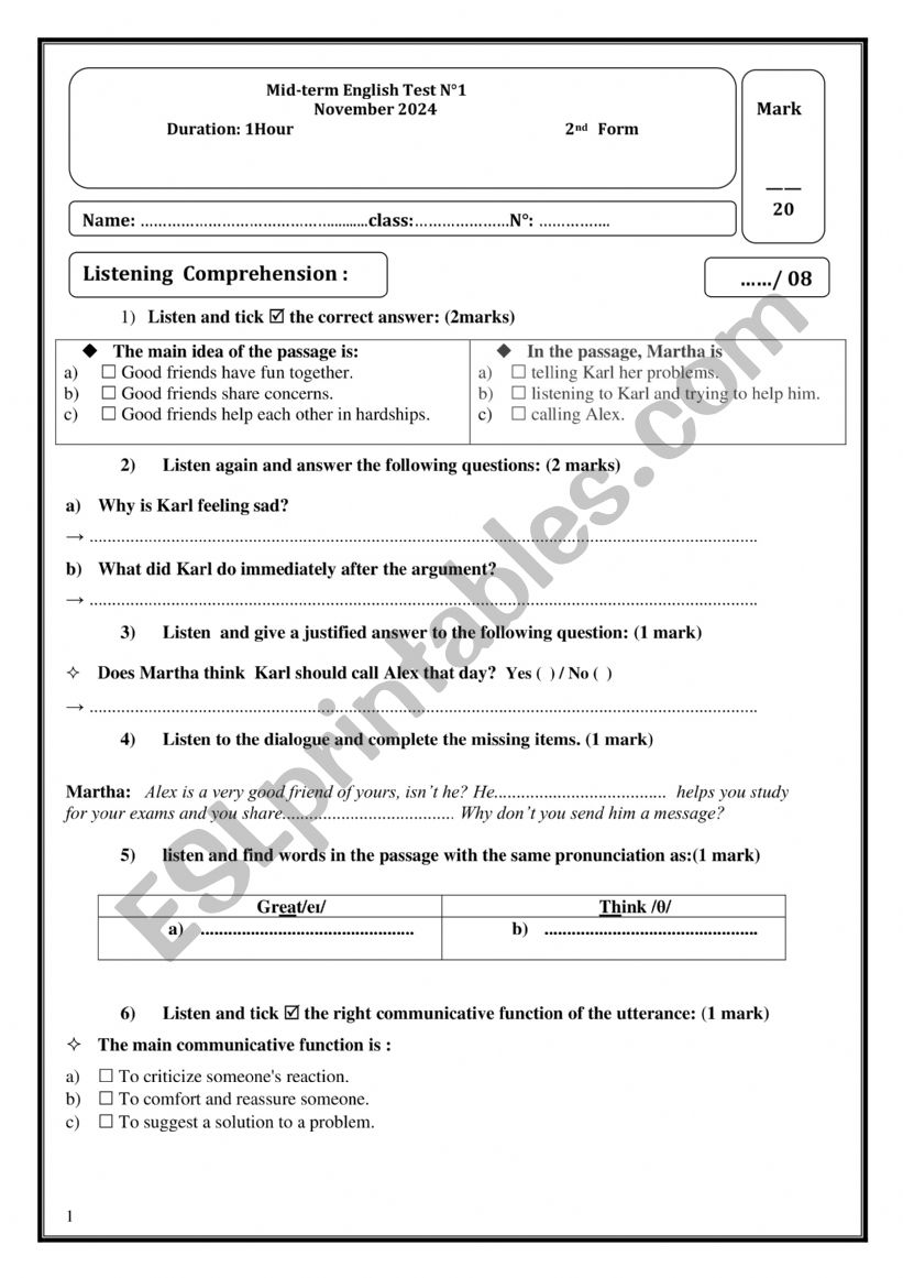 Second form Test N°1 - ESL worksheet by youda