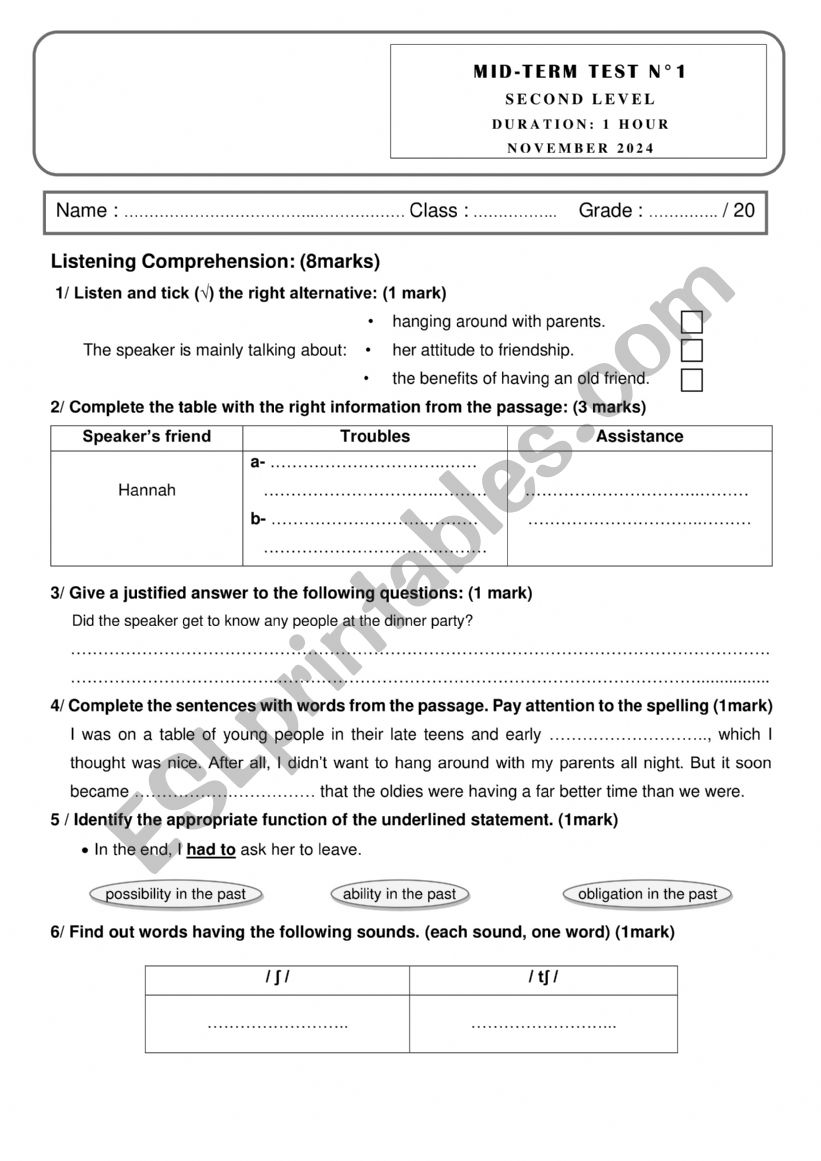 mid-term test 1 2nd form - ESL worksheet by mammoutahamada