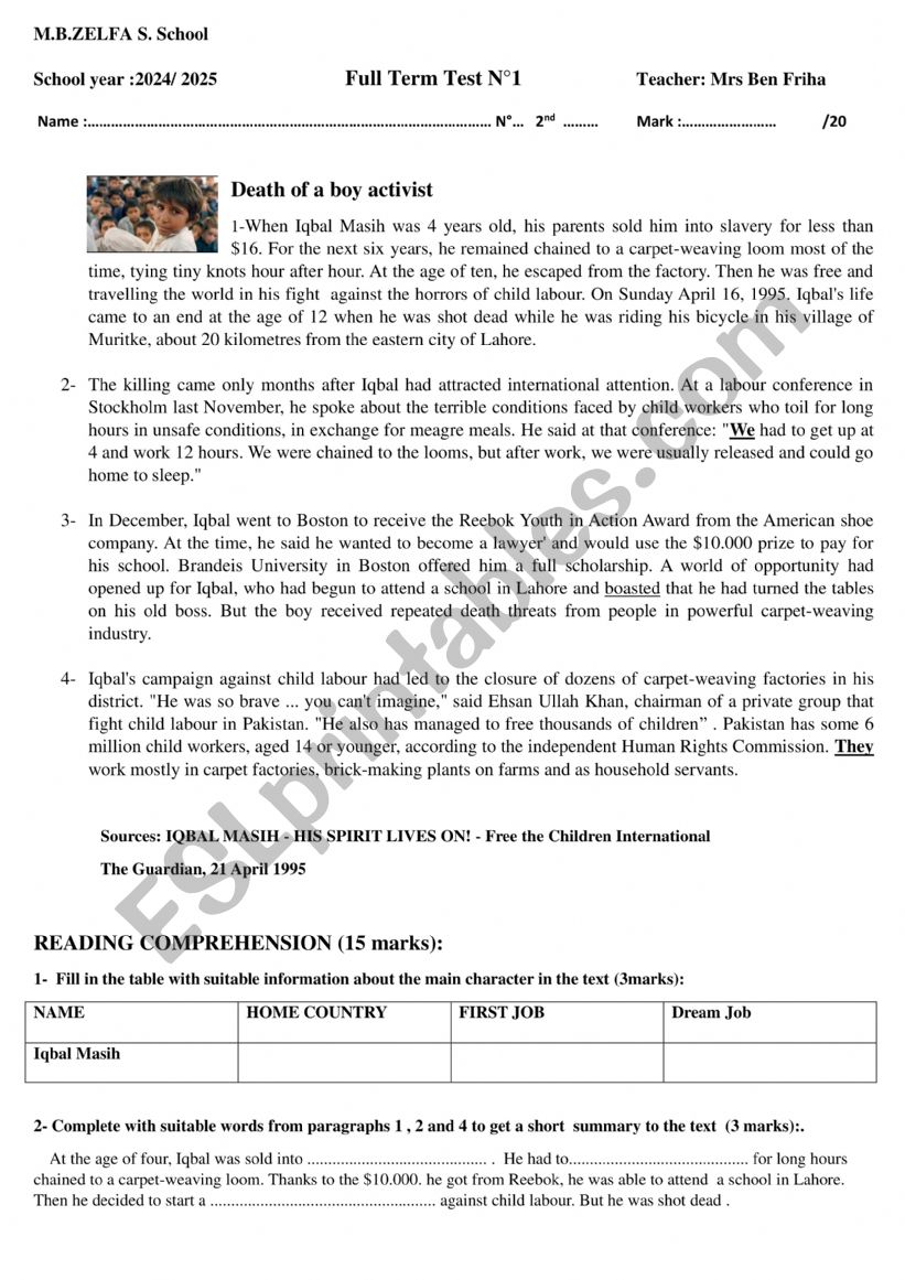 End of term test N°1 for 2nd form students - ESL worksheet by moezhawari