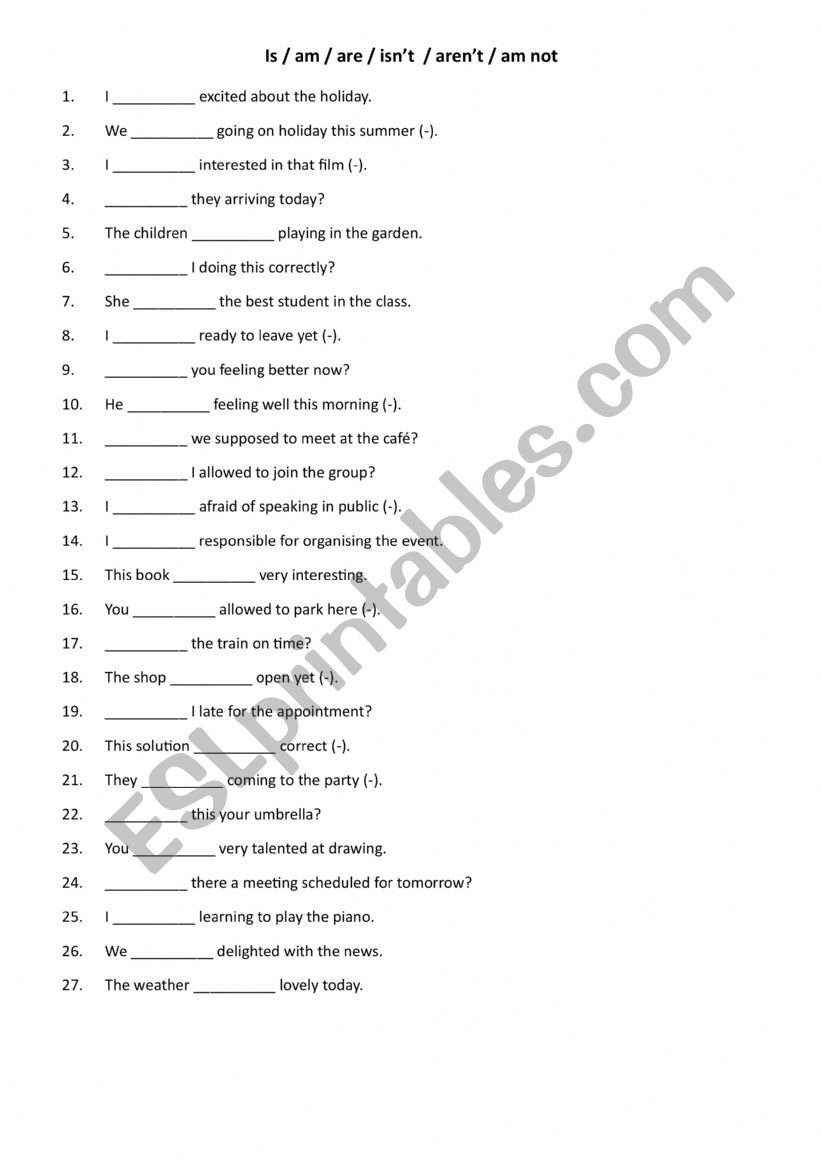 Verb to be : Is - am - are - isn’t - aren’t - am not - ESL worksheet by ...