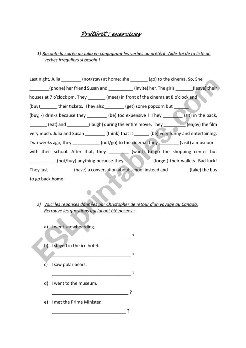 Simple past exercises for French students - ESL worksheet by pimousse83