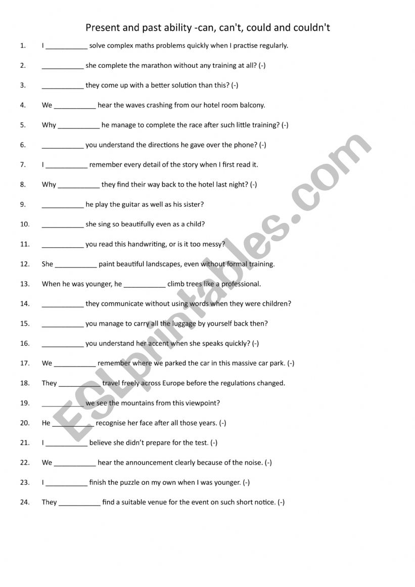 Present and past ability -can, canï¿½t, could and couldnï¿½t 2 - ESL ...