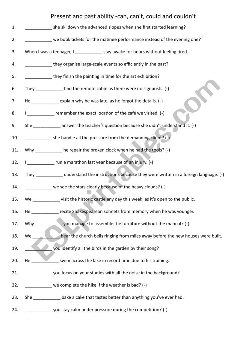 Present and past ability -can, canï¿½t, could and couldnï¿½t 3 - ESL ...