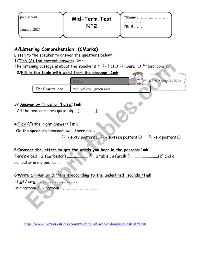 Mid -Term Test N°2 ( 7th form) - ESL worksheet by Batta tounsi