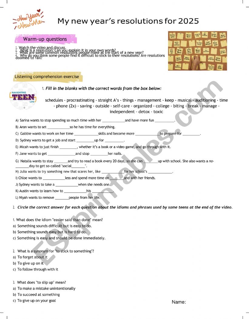 New year resolutions - A2 teens - ESL worksheet by gulagirman