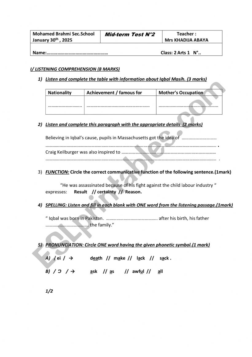 Mid-term Test N°2 ( 2nd Forms) - ESL worksheet by Khadijaabaya