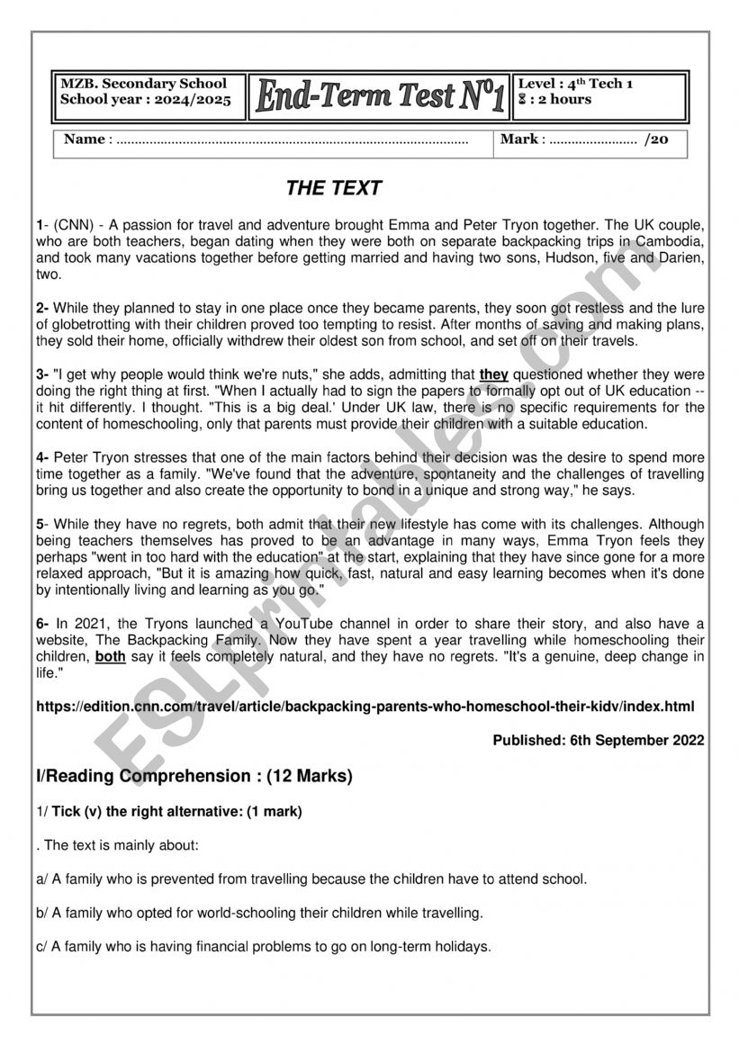 End of term test NÂ°1 4th form - ESL worksheet by moezhawari