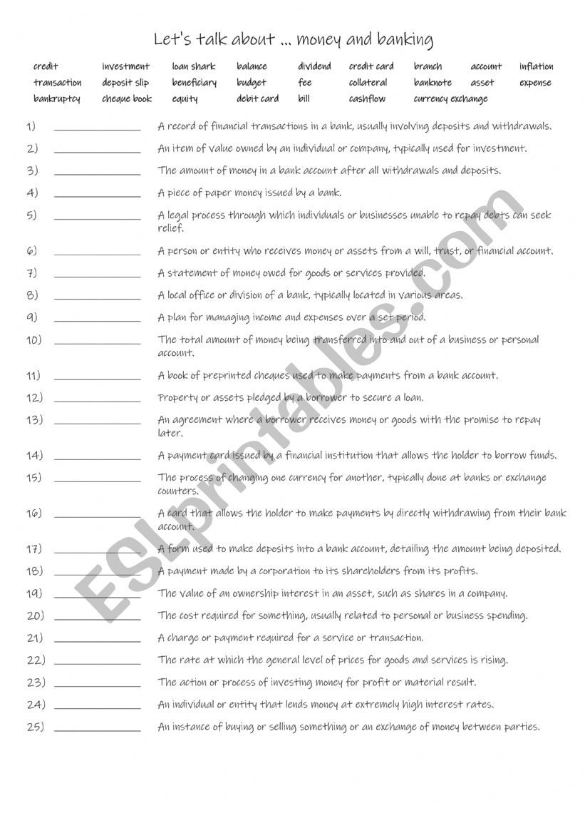 B1-B2 LetÃ¯Â¿Â½s talk about ... money and banking - ESL worksheet by ...