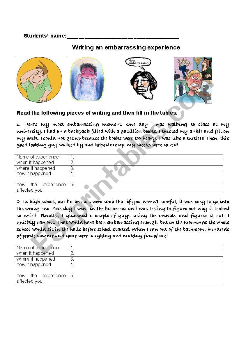 Writing about one´s embarrassing experience- part 1. - ESL worksheet by ...