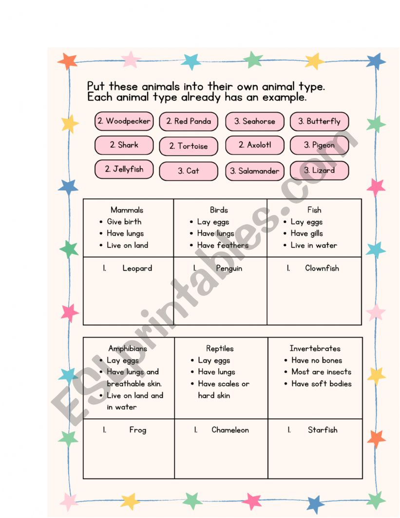 6 Animal Types - ESL worksheet by MuzniNadhirah
