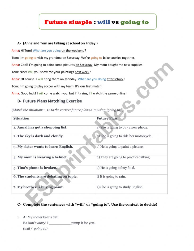 future simple; will vs going to - ESL worksheet by accent
