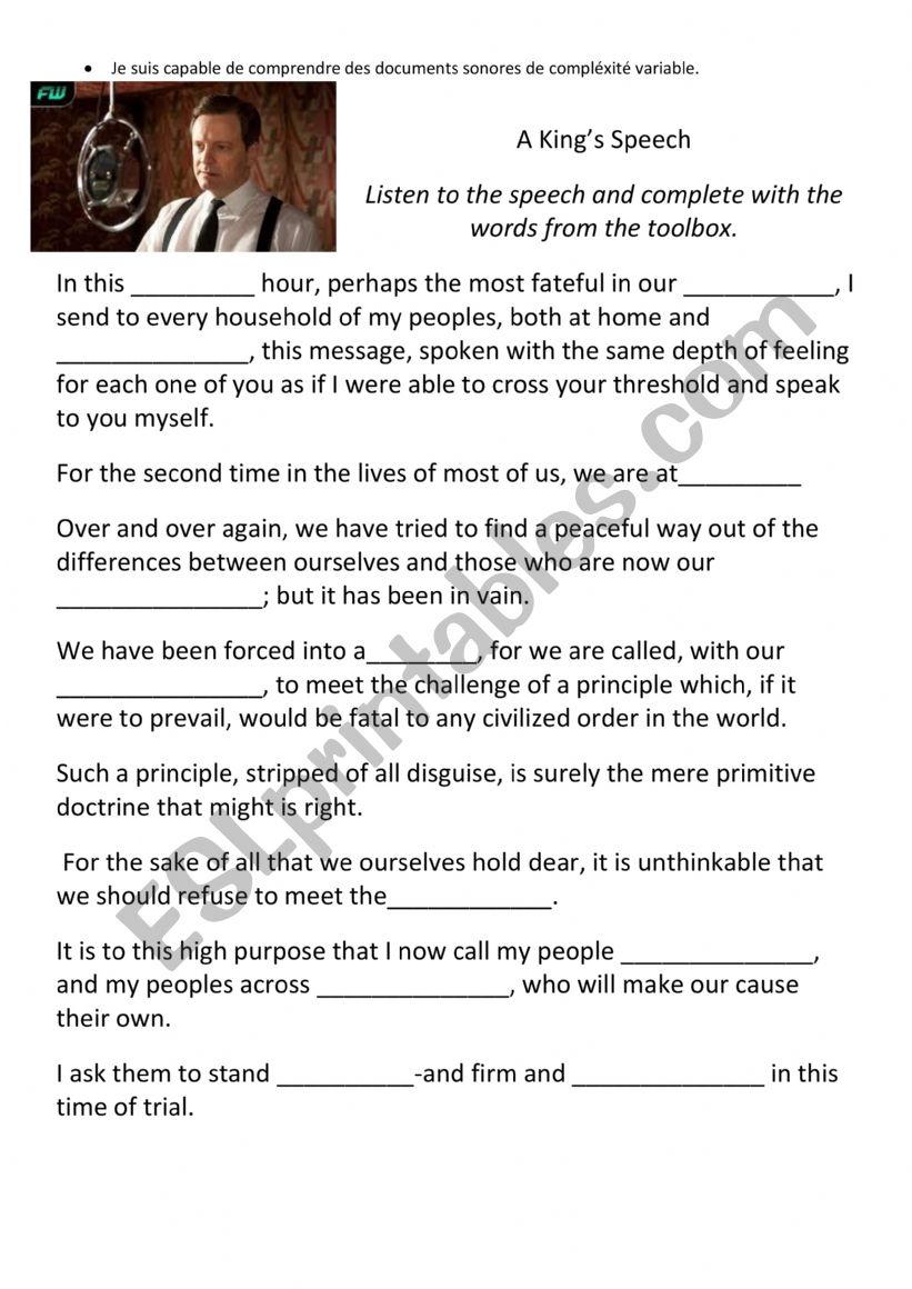 A KingÃ¯Â¿Â½s speech - ESL worksheet by Tigger29