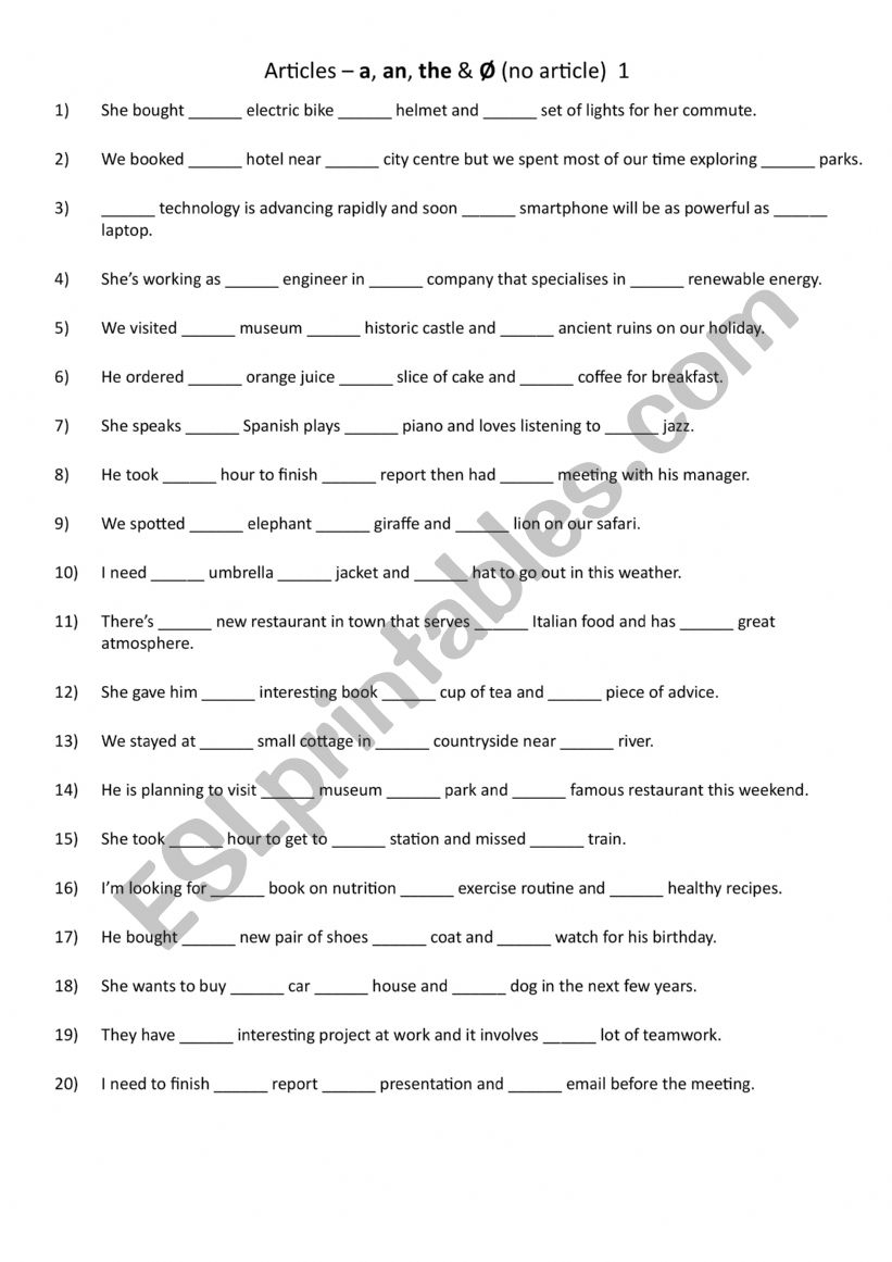 Articles â€“ a, an, the & Ã˜ (no article) 1 - ESL worksheet by ITFC2025