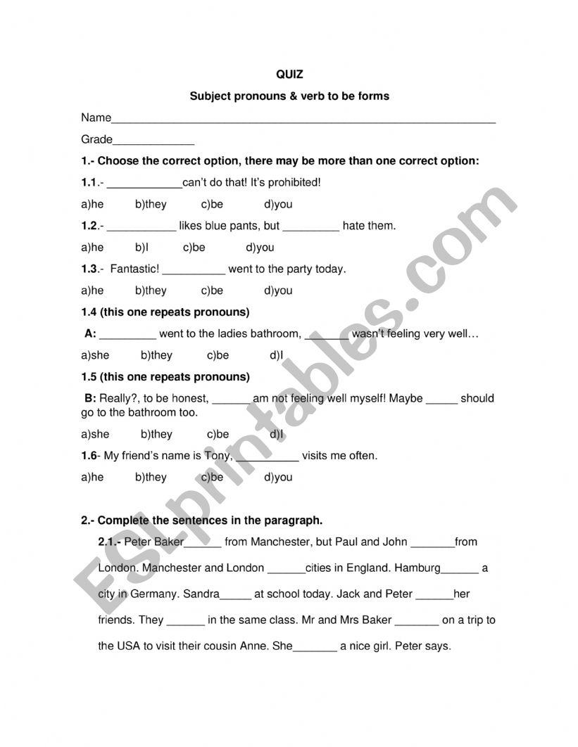 subject pronoun and forms of to be - ESL worksheet by nana ku